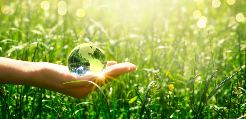 Earth crystal glass globe in human hand on fresh juicy grass background ...